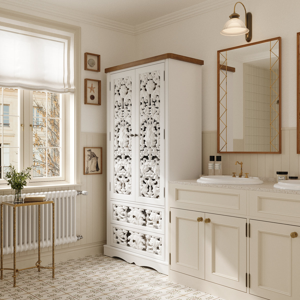 Rebrilliant Elegant Two-Door Bathroom Cabinet With Cutout Panels & Dual Drawers | Wayfair